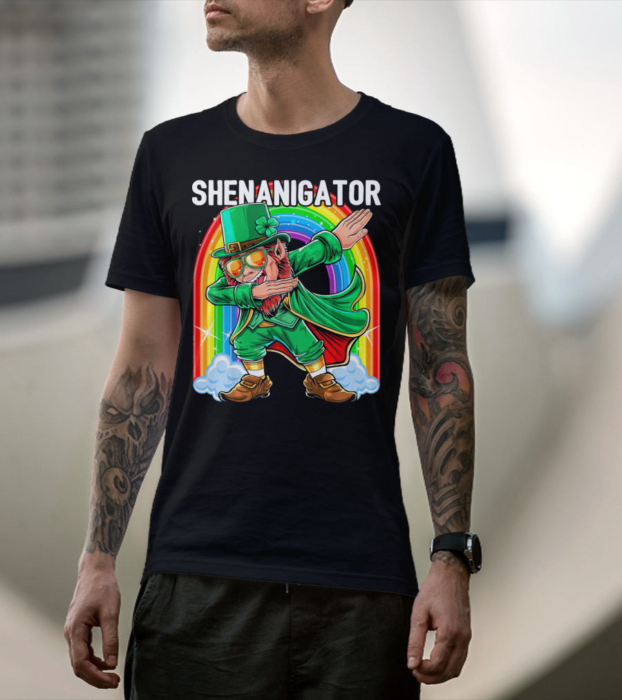 SHENANIGATOR Dabbing Leprechaun Rainbow T-Shirt
