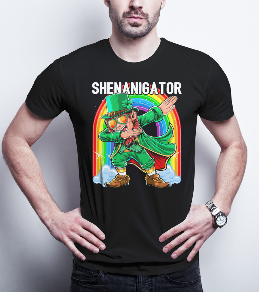 SHENANIGATOR Dabbing Leprechaun Rainbow T-Shirt