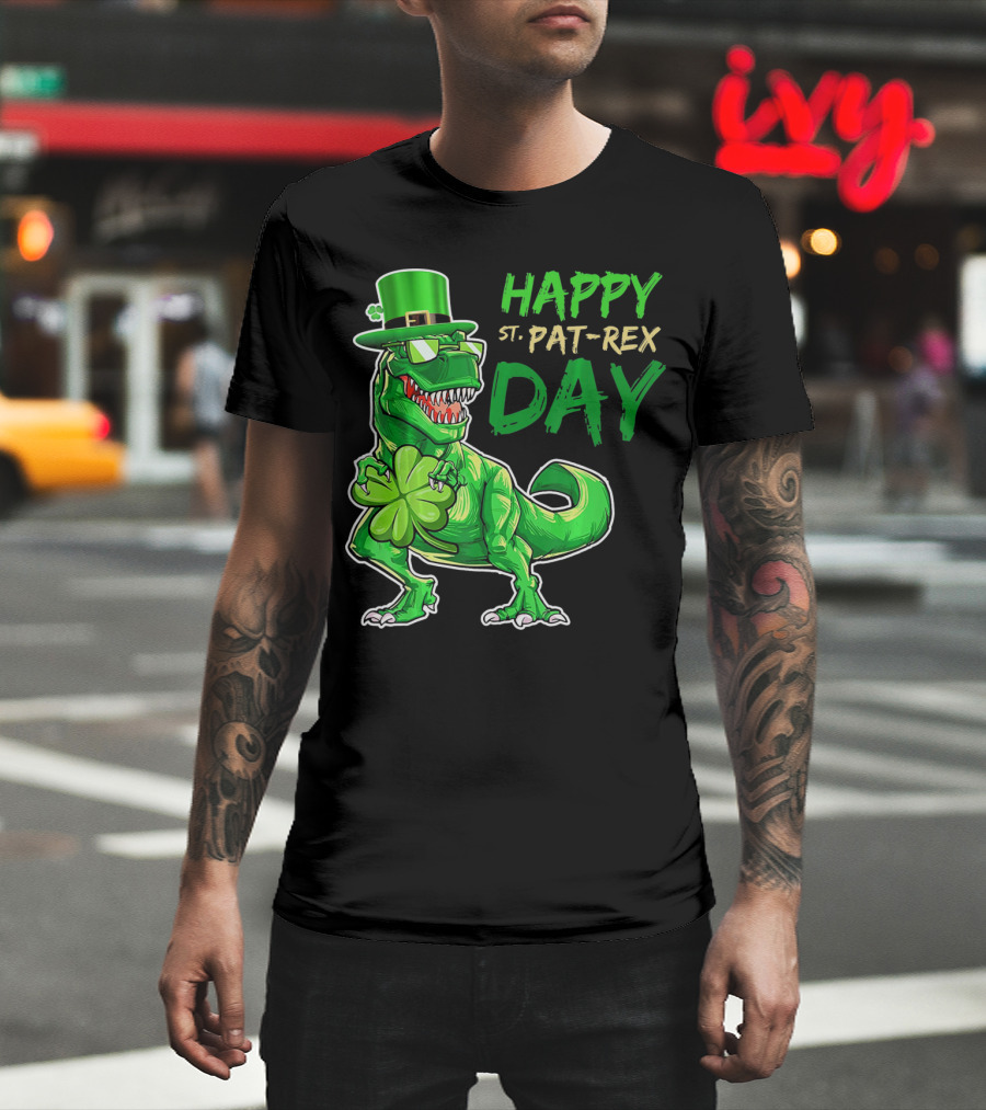 Happy St Pat Rex Day Saint Patricks Day Dinosaur With Shamrock And Green Hat T-Shirt
