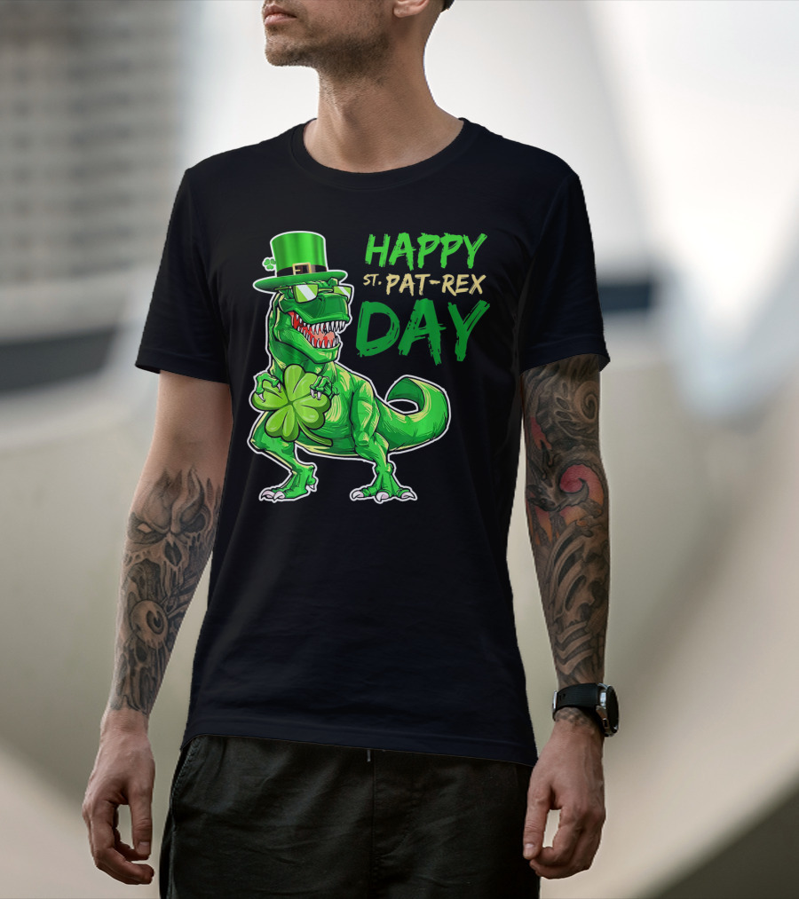 Happy St Pat Rex Day Saint Patricks Day Dinosaur With Shamrock And Green Hat T-Shirt