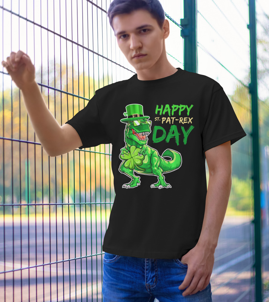 Happy St Pat Rex Day Saint Patricks Day Dinosaur With Shamrock And Green Hat T-Shirt