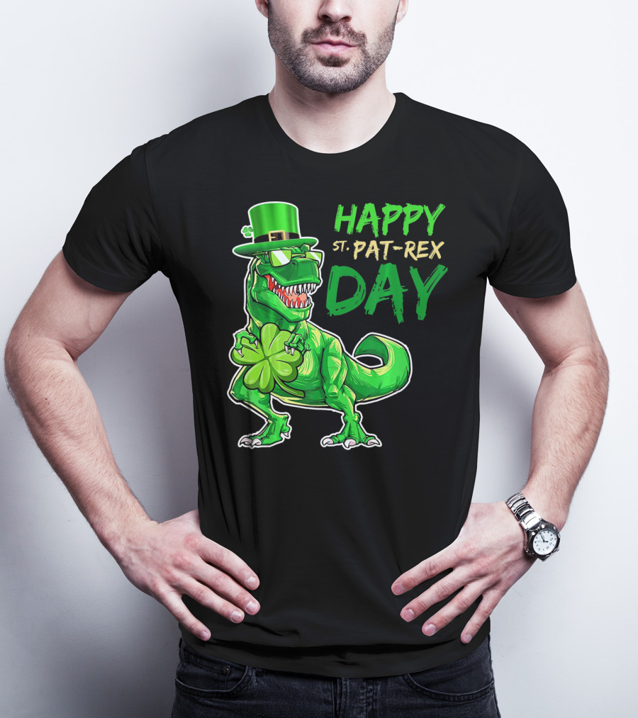 Happy St Pat Rex Day Saint Patricks Day Dinosaur With Shamrock And Green Hat T-Shirt