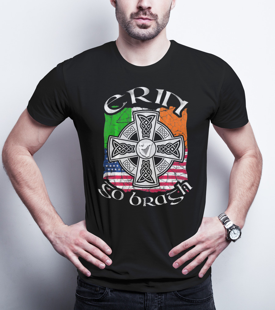 Erin Go Bragh Celtic Cross Irish US Flag St. Patrick's Day T-Shirt