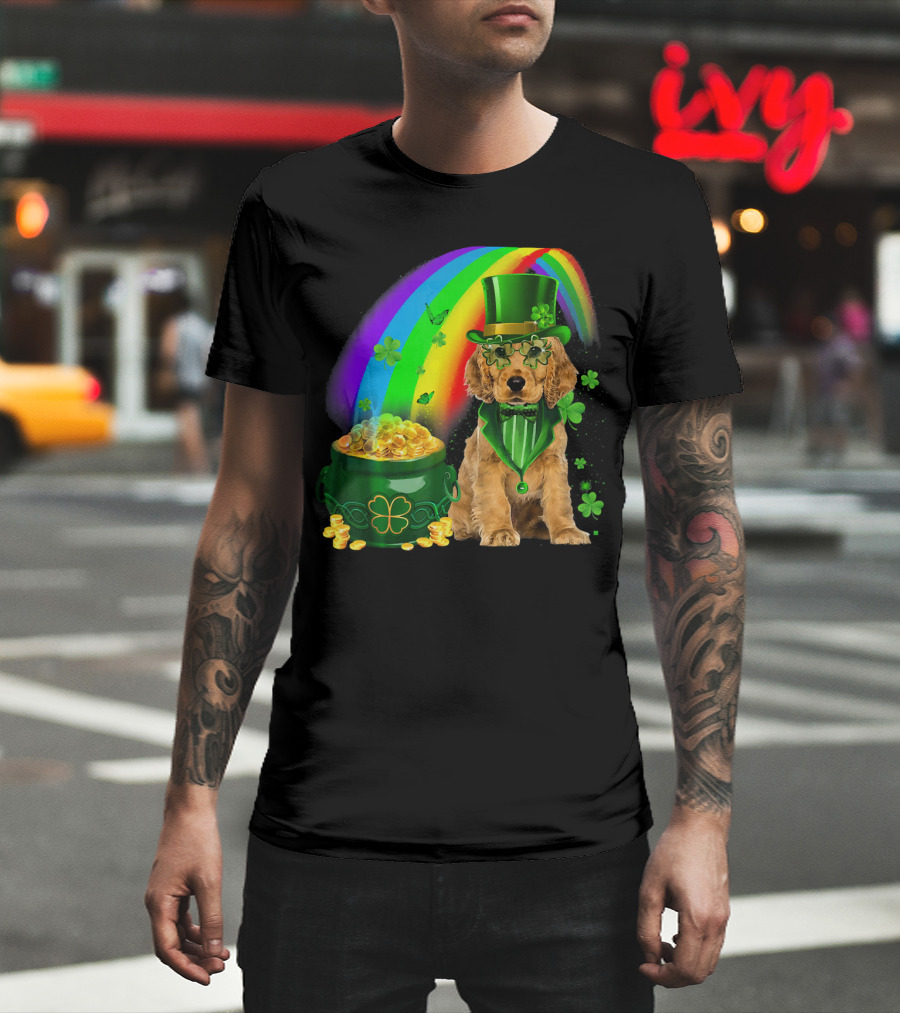 Cocker Spaniel Dog Wearing Irish Leprechaun Hat With Gold Coins And Rainbow T-Shirt