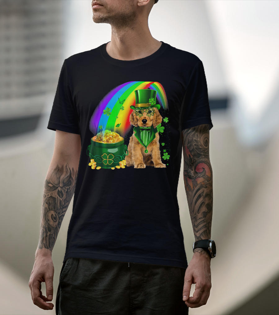 Cocker Spaniel Dog Wearing Irish Leprechaun Hat With Gold Coins And Rainbow T-Shirt
