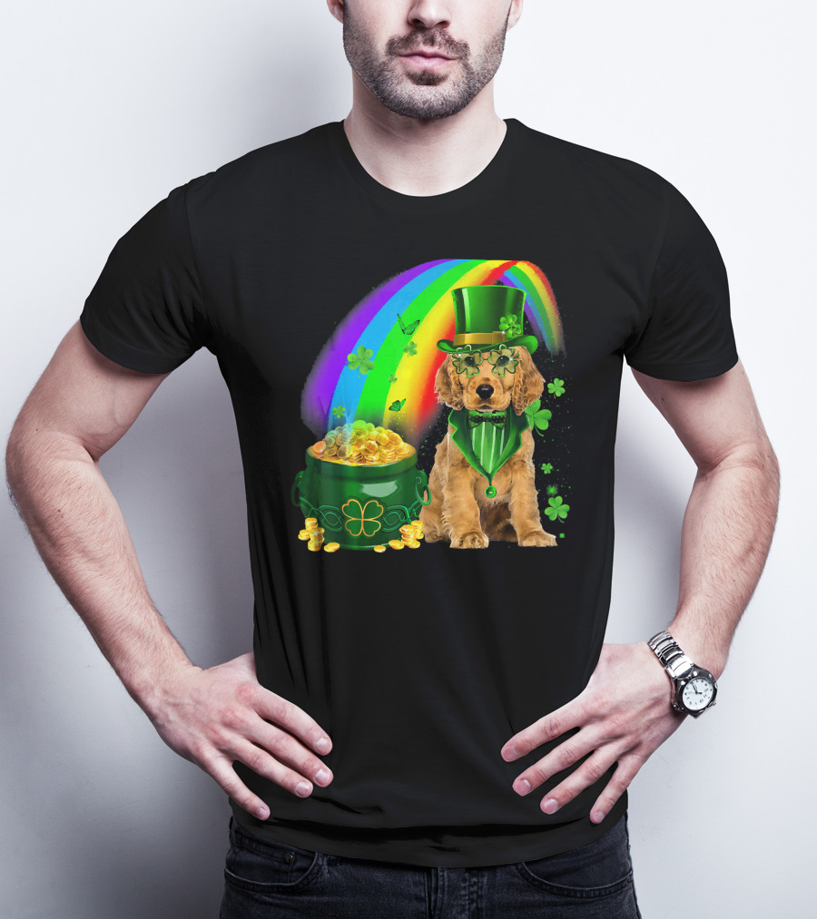 Cocker Spaniel Dog Wearing Irish Leprechaun Hat With Gold Coins And Rainbow T-Shirt