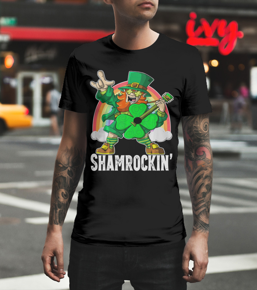 Shamrockin' Leprechaun Rainbow Guitar T-Shirt