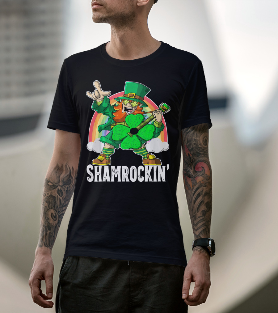 Shamrockin' Leprechaun Rainbow Guitar T-Shirt