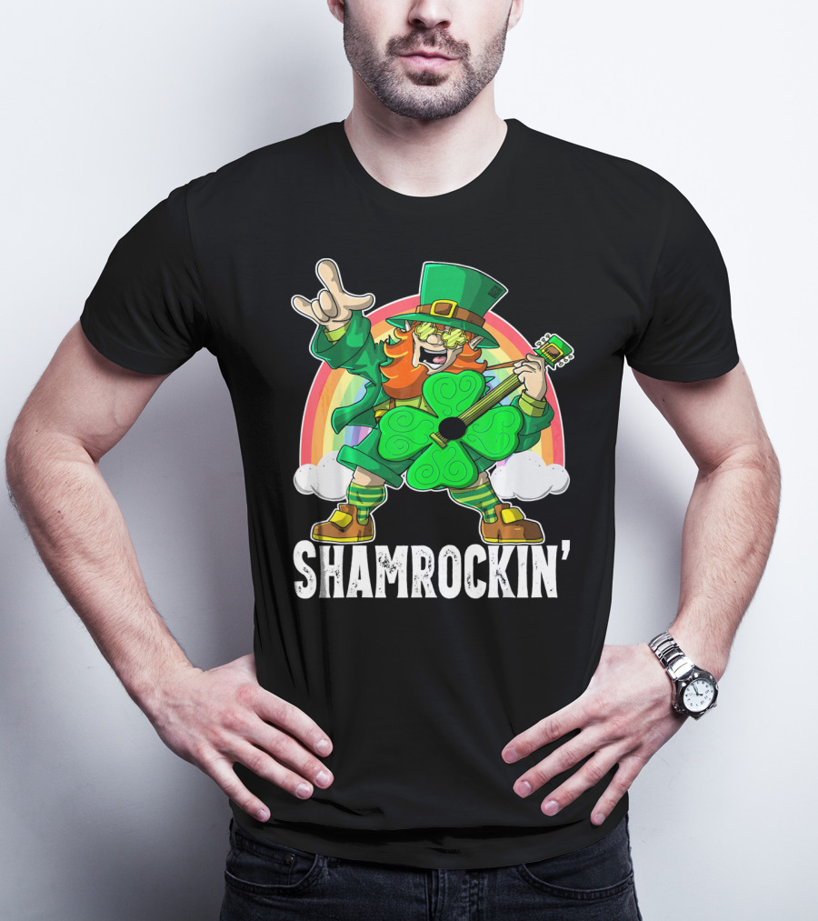 Shamrockin' Leprechaun Rainbow Guitar T-Shirt