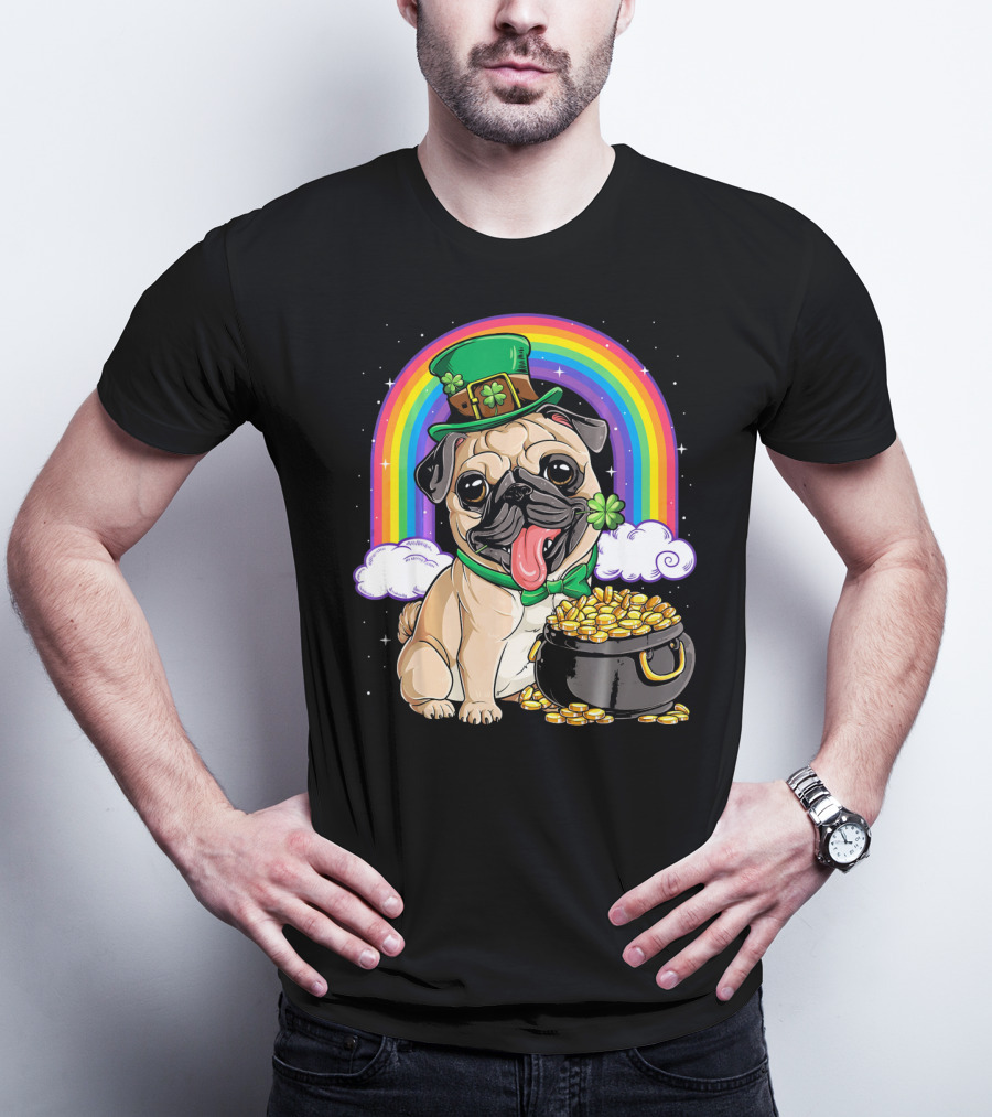 Pug St Patricks Day Boys Men Lep Leprechaun Hat Rainbow Pot Of Gold T-Shirt