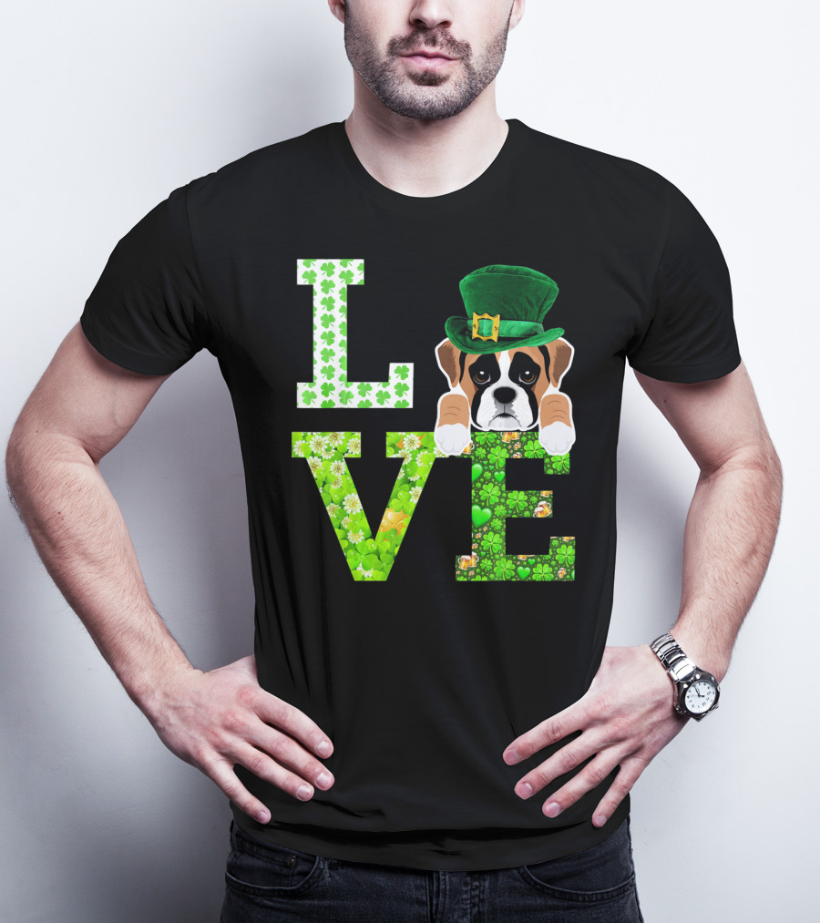 Leprechaun Hat Boxer Puppy Clover Love St. Patrick's Day T-Shirt