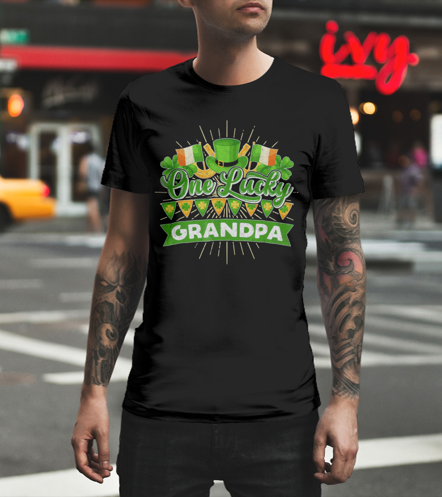 St Patricks Day One Lucky Grandpa Irish Flags Shamrocks And Leprechaun Hat T-Shirt