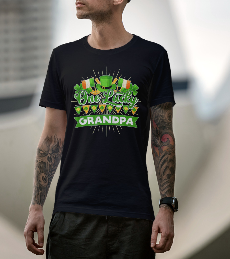 St Patricks Day One Lucky Grandpa Irish Flags Shamrocks And Leprechaun Hat T-Shirt