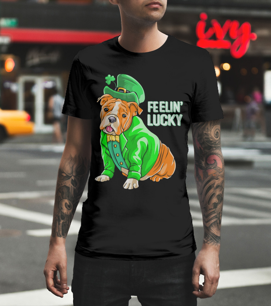 Feelin' Lucky Bulldog In Green Leprechaun T-Shirt