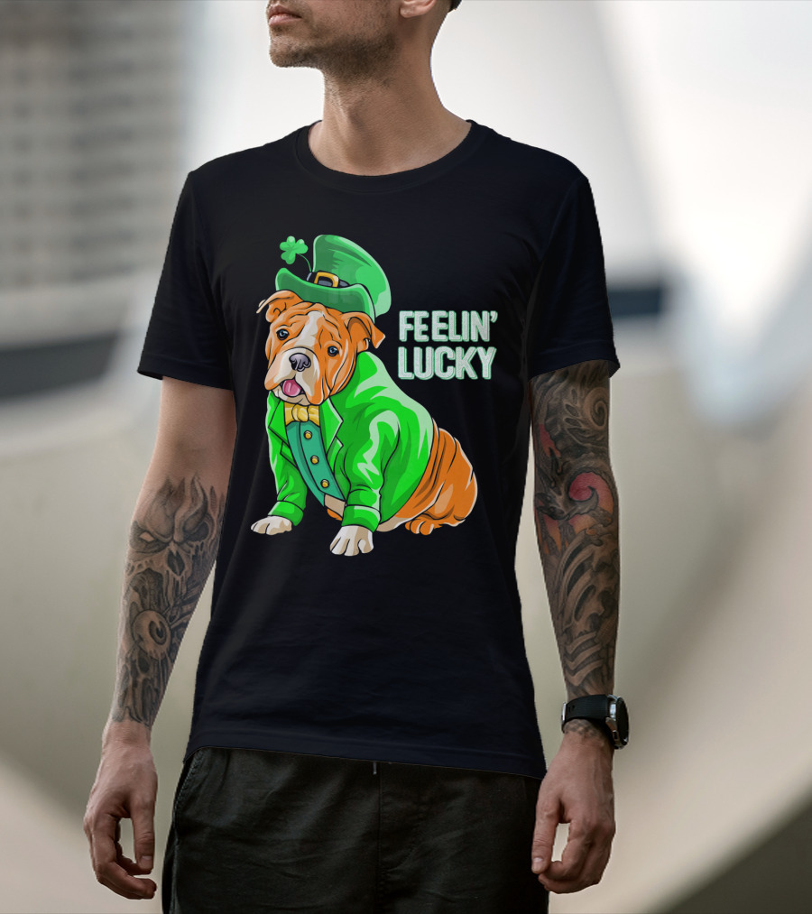 Feelin' Lucky Bulldog In Green Leprechaun T-Shirt