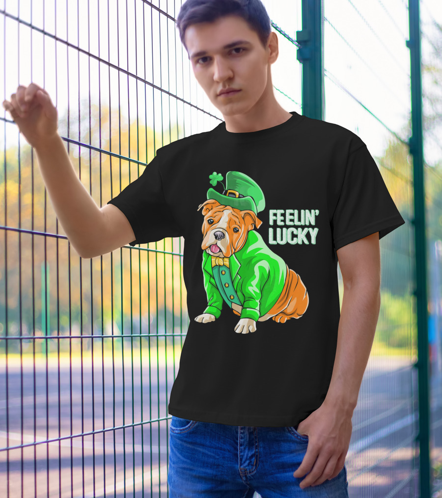 Feelin' Lucky Bulldog In Green Leprechaun T-Shirt