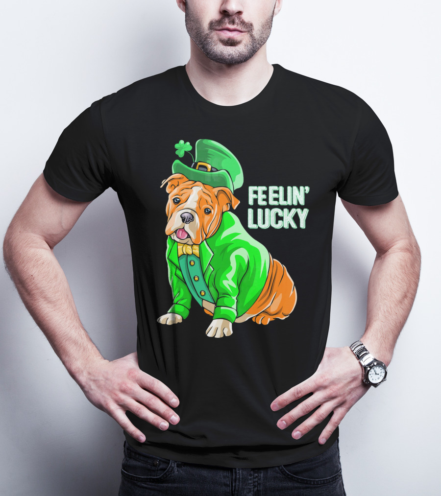 Feelin' Lucky Bulldog In Green Leprechaun T-Shirt
