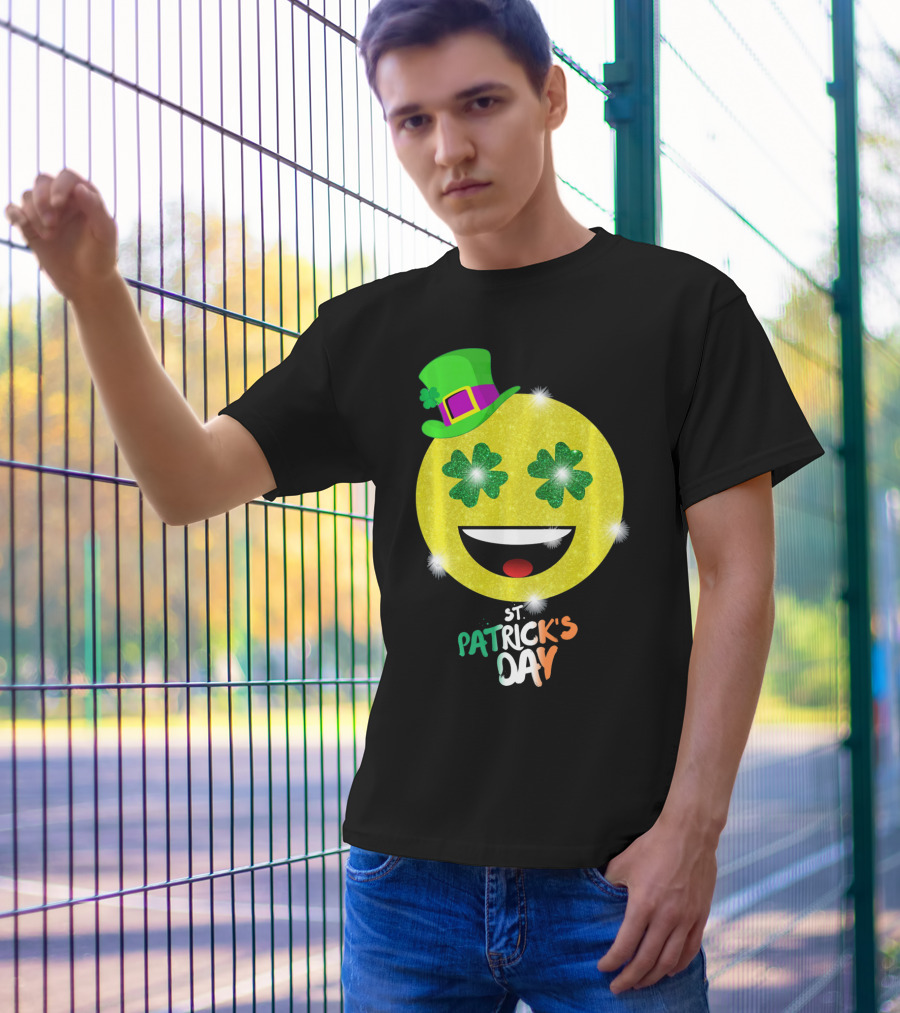 St. Patrick's Day Emoji With Green Hat And Shamrock Eyes T-Shirt