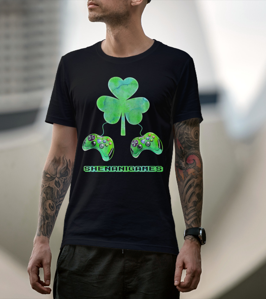 Shenanigames St Paddys Day Gamer Shamrock Controllers T-Shirt