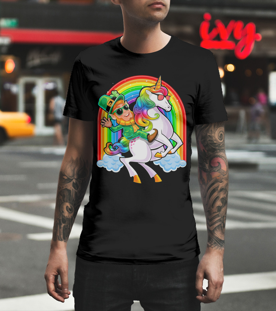 St Patricks Day Rainbow Unicorn And Leprechaun Riding Clouds T-Shirt