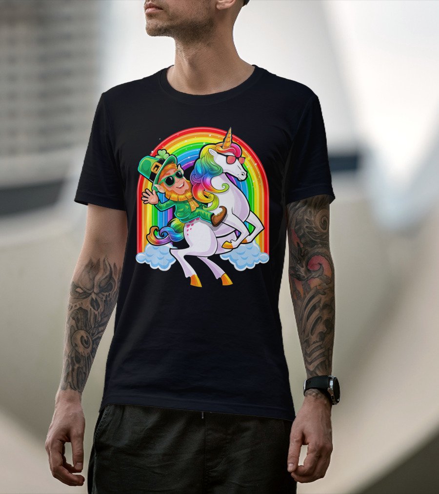 St Patricks Day Rainbow Unicorn And Leprechaun Riding Clouds T-Shirt