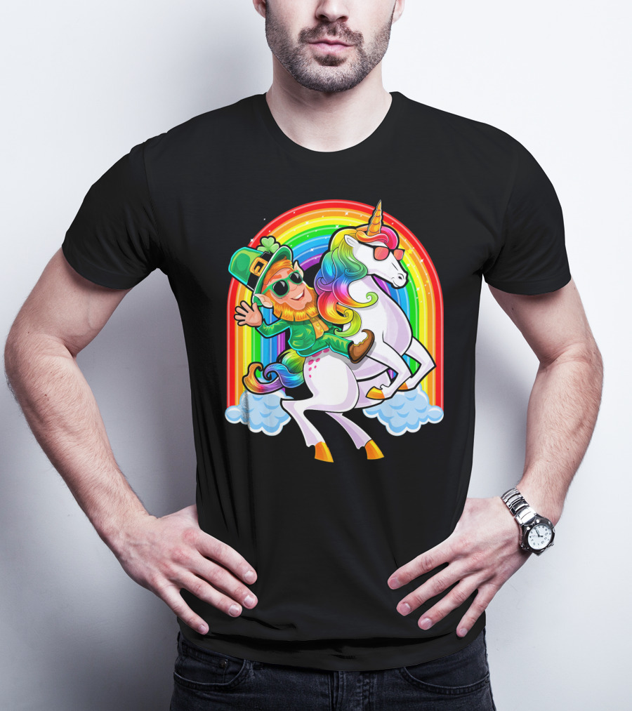 St Patricks Day Rainbow Unicorn And Leprechaun Riding Clouds T-Shirt