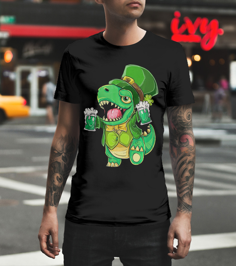 St Patricks Day Irish Dinosaur Holding Two Beers In Green Outfit And Hat T-Shirt