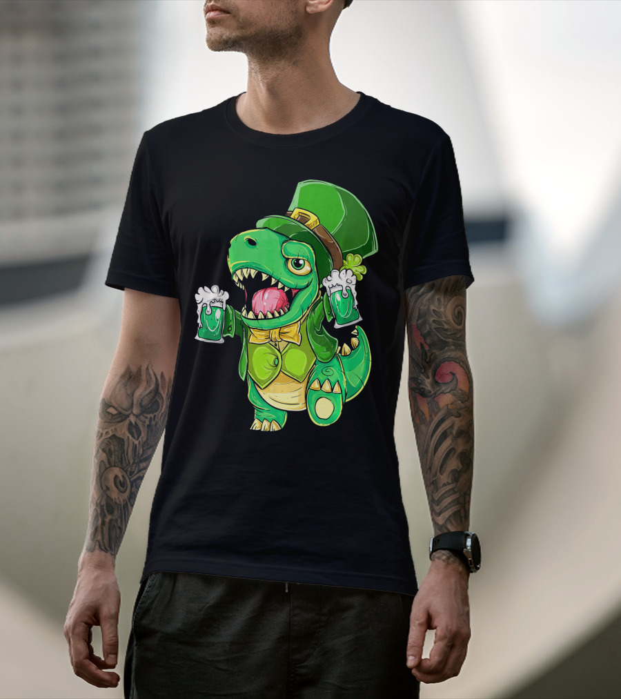 St Patricks Day Irish Dinosaur Holding Two Beers In Green Outfit And Hat T-Shirt