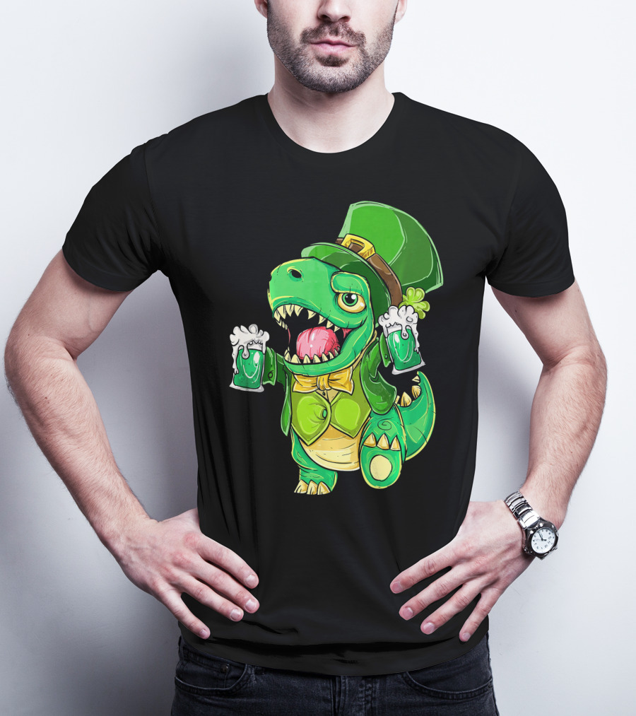 St Patricks Day Irish Dinosaur Holding Two Beers In Green Outfit And Hat T-Shirt
