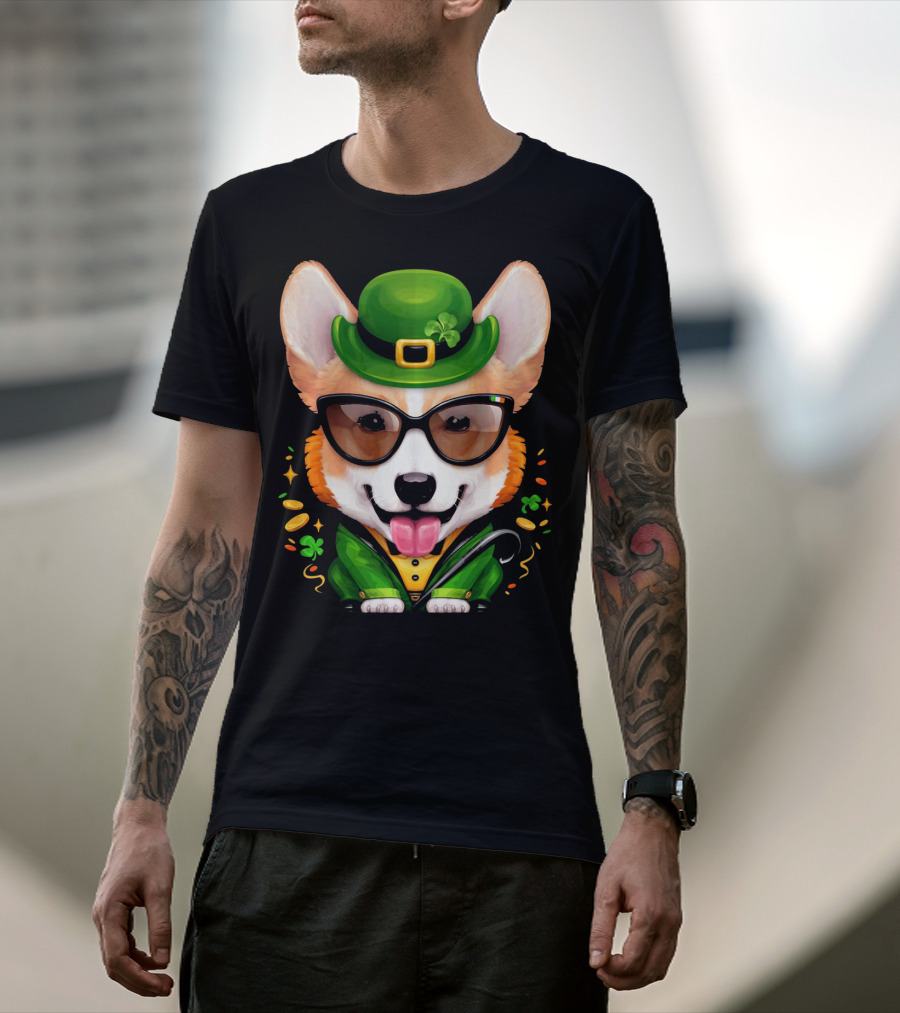 Welsh Corgi In Leprechaun Outfit With Sunglasses And Shamrocks T-Shirt