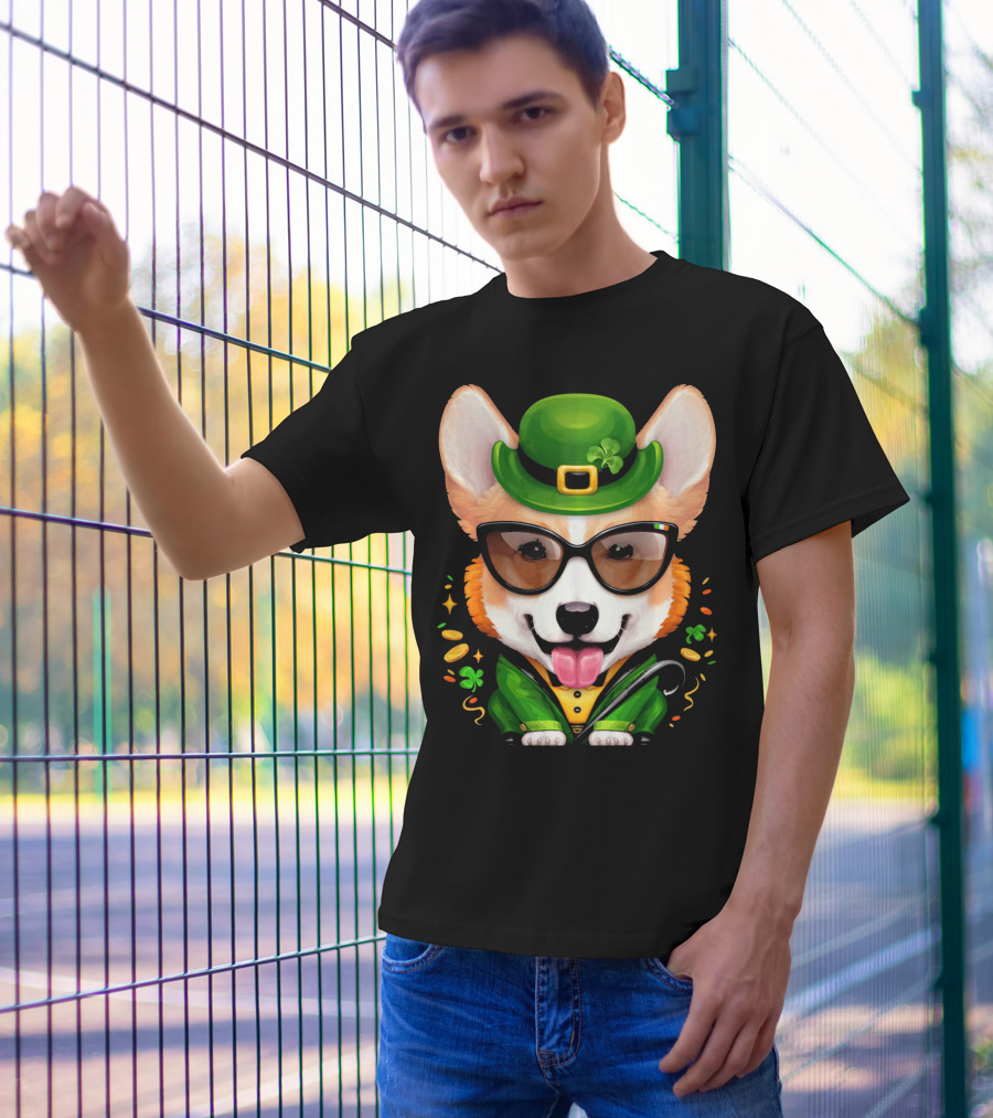 Welsh Corgi In Leprechaun Outfit With Sunglasses And Shamrocks T-Shirt