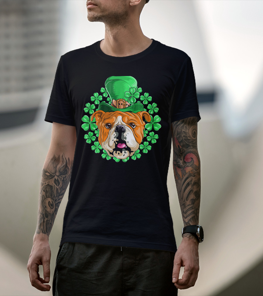 English Bulldog In Leprechaun Hat With Clover Background T-Shirt