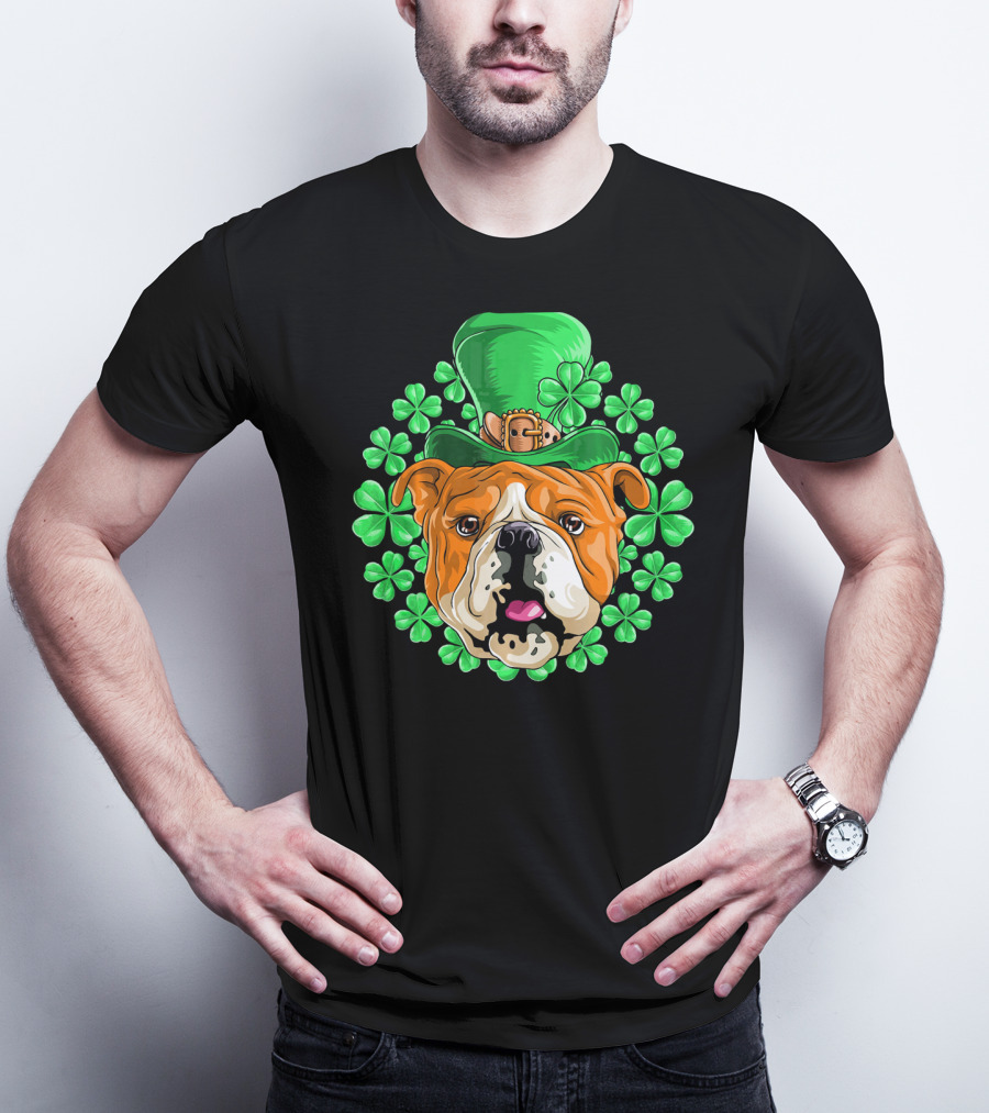 English Bulldog In Leprechaun Hat With Clover Background T-Shirt