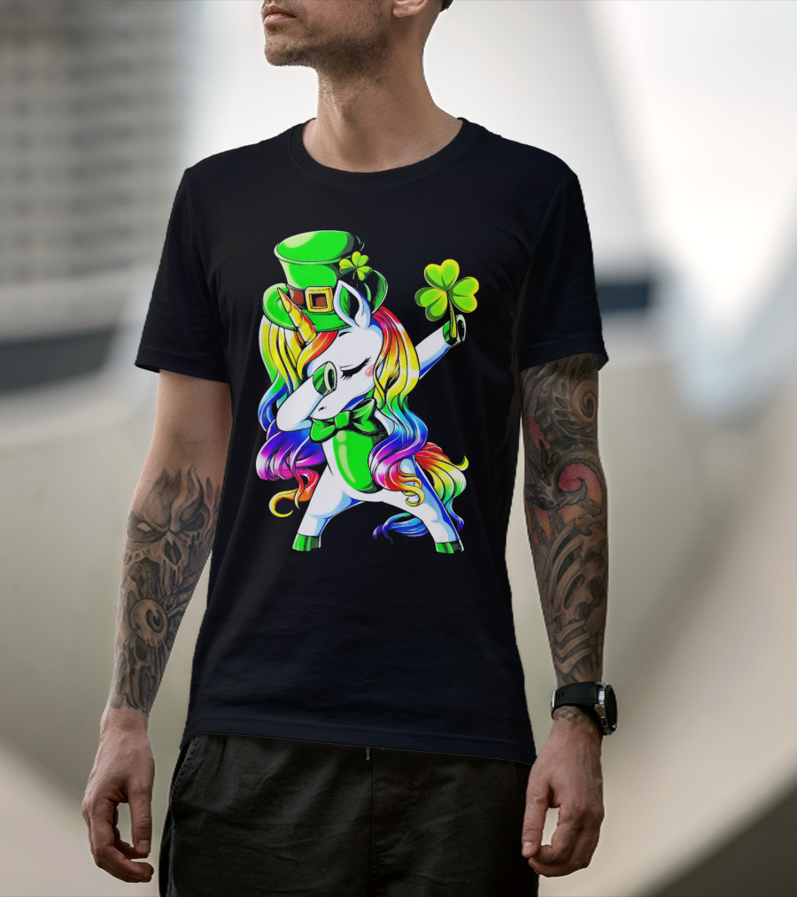 Dabbing Unicorn With Rainbow Mane And Shamrock Hat T-Shirt