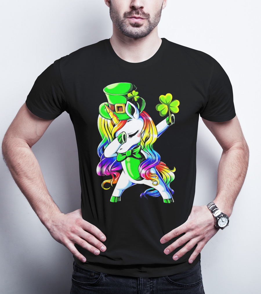 Dabbing Unicorn With Rainbow Mane And Shamrock Hat T-Shirt