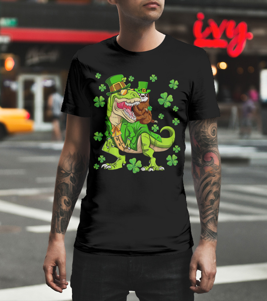 Leprechaun Sloth With Shamrocks Riding Dinosaur Rex In Green Attire T-Shirt