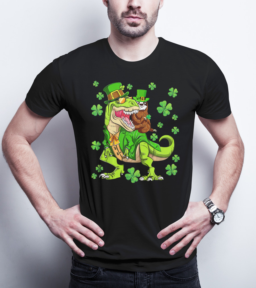 Leprechaun Sloth With Shamrocks Riding Dinosaur Rex In Green Attire T-Shirt