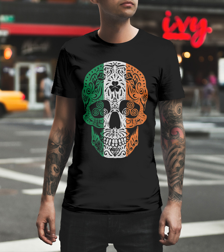 Irish Flag Sugar Skull Shamrock St Patricks T-Shirt