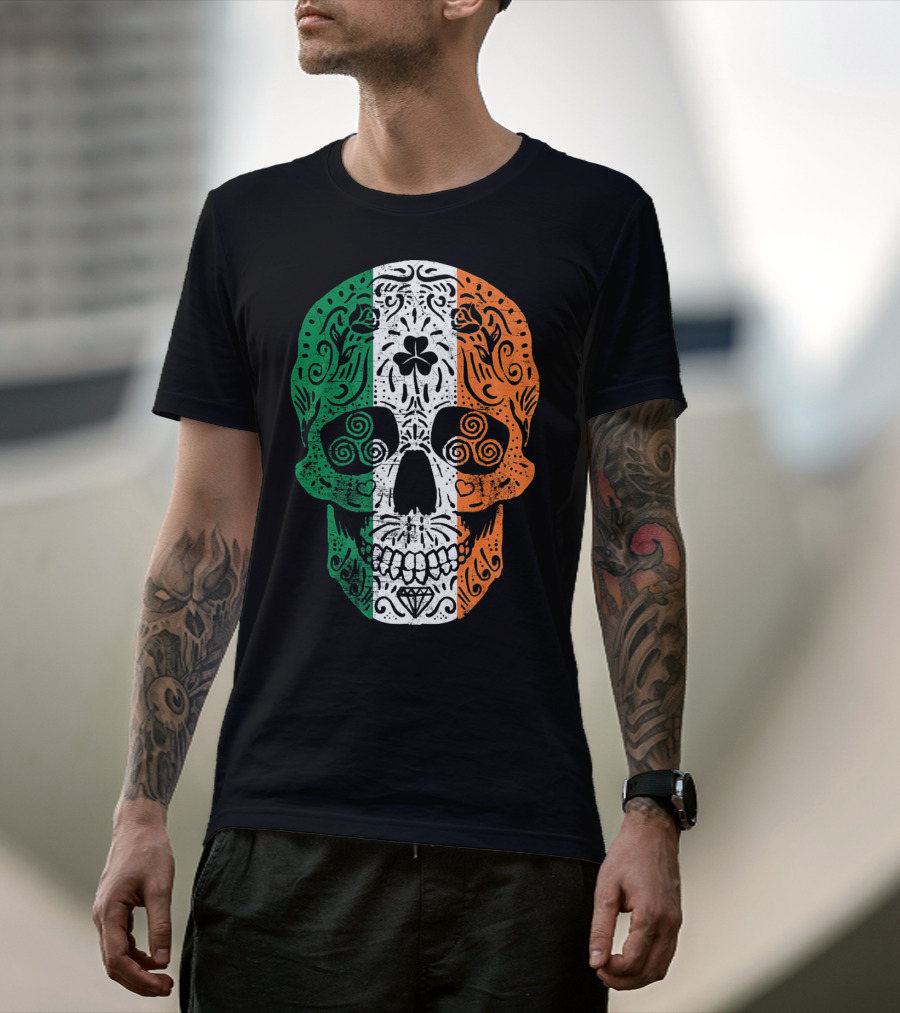Irish Flag Sugar Skull Shamrock St Patricks T-Shirt