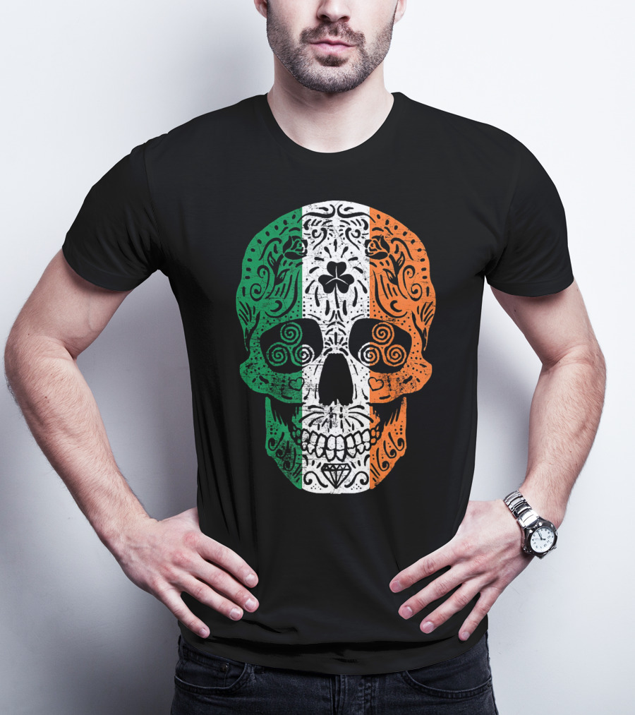 Irish Flag Sugar Skull Shamrock St Patricks T-Shirt