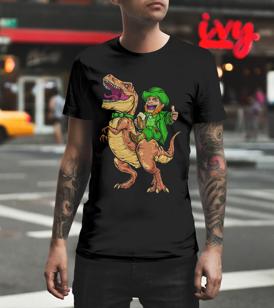 St. Patricks Day Lucky Leprechaun Riding Dinosaur With Beer T-Shirt