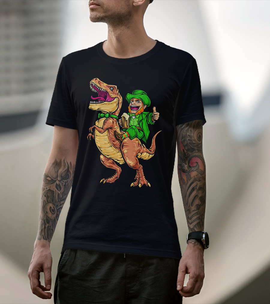 St. Patricks Day Lucky Leprechaun Riding Dinosaur With Beer T-Shirt