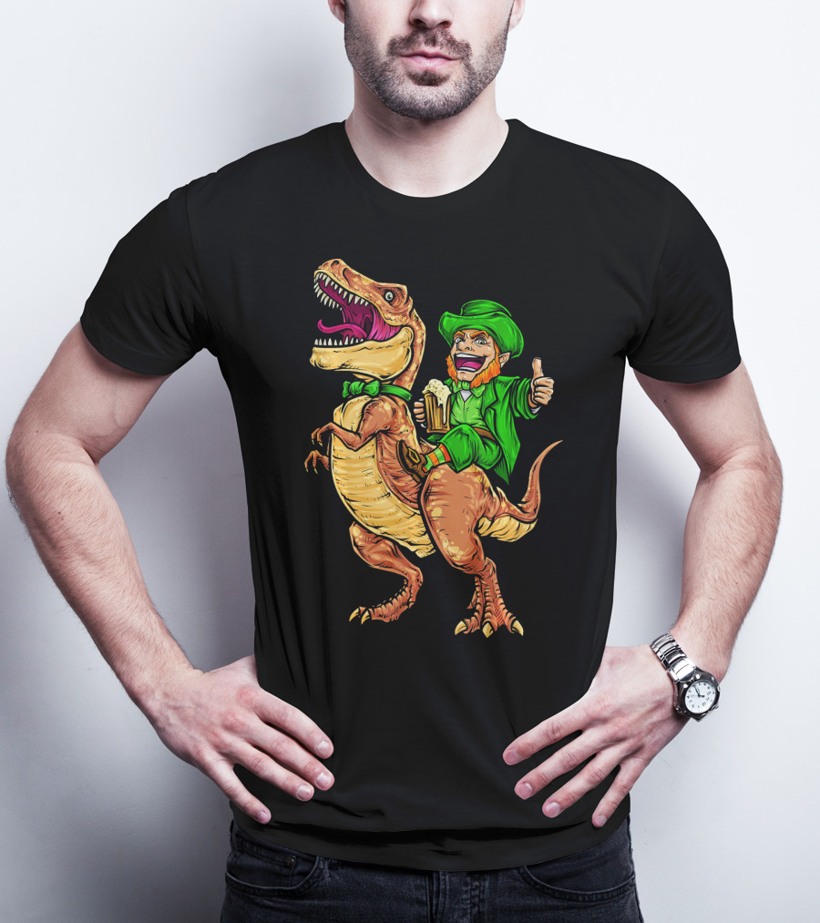 St. Patricks Day Lucky Leprechaun Riding Dinosaur With Beer T-Shirt