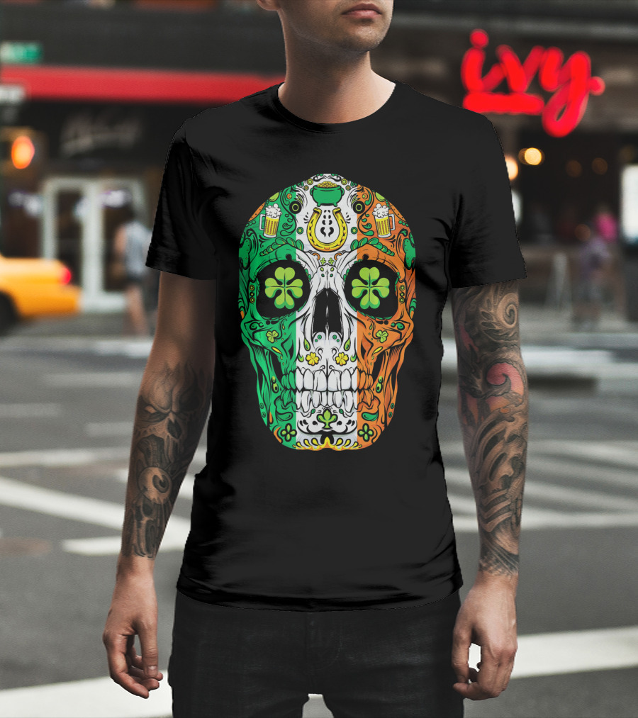 Sugar Skull Irish Leprechaun Shamrock St Patrick's Day T-Shirt