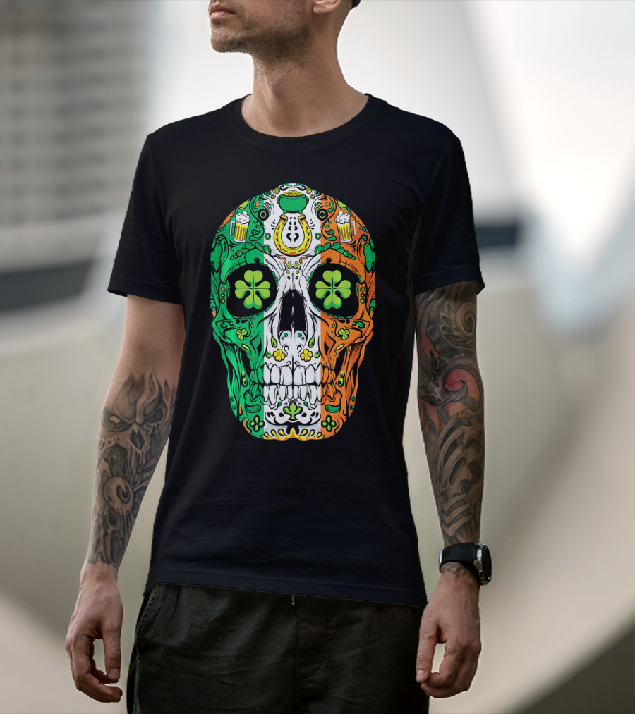 Sugar Skull Irish Leprechaun Shamrock St Patrick's Day T-Shirt
