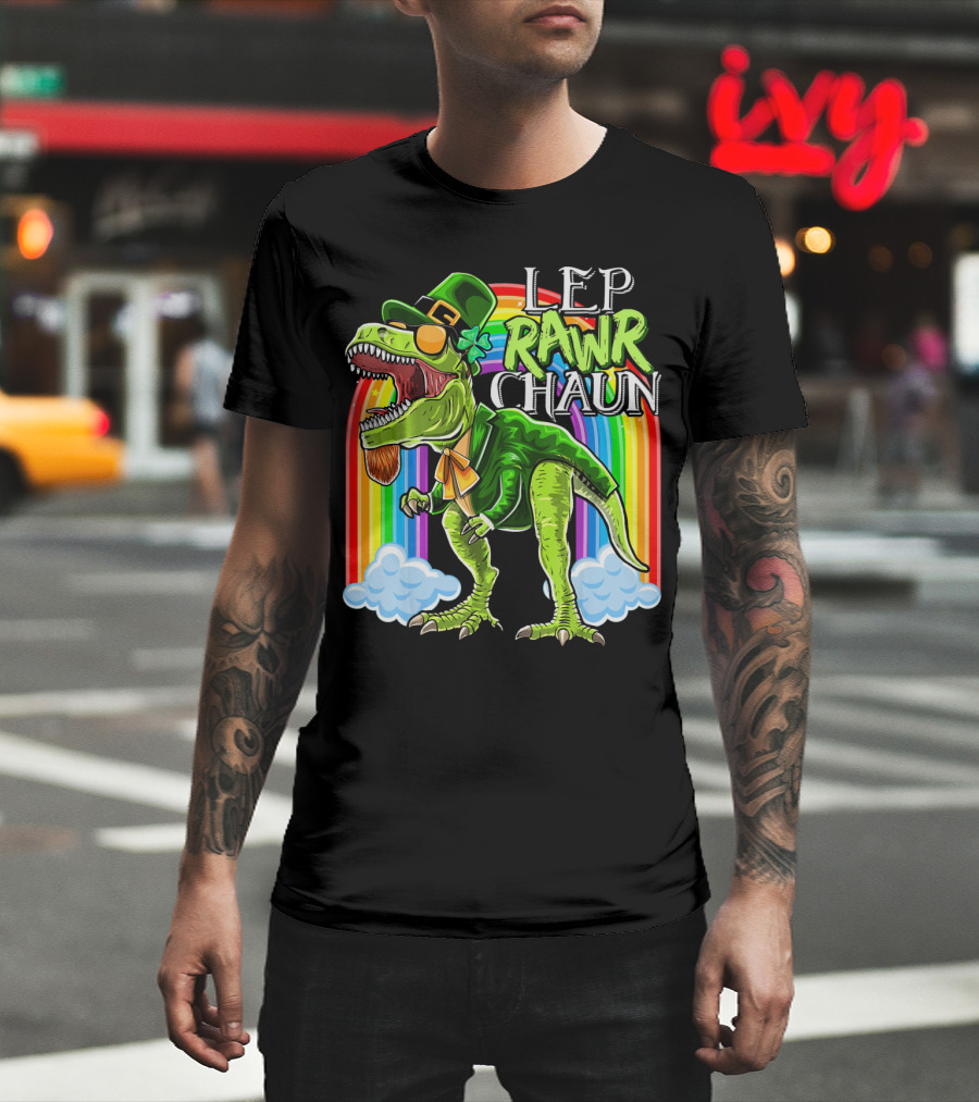 Leprawrchaun St. Patrick Day Rex Rainbow Dinosaur T-Shirt