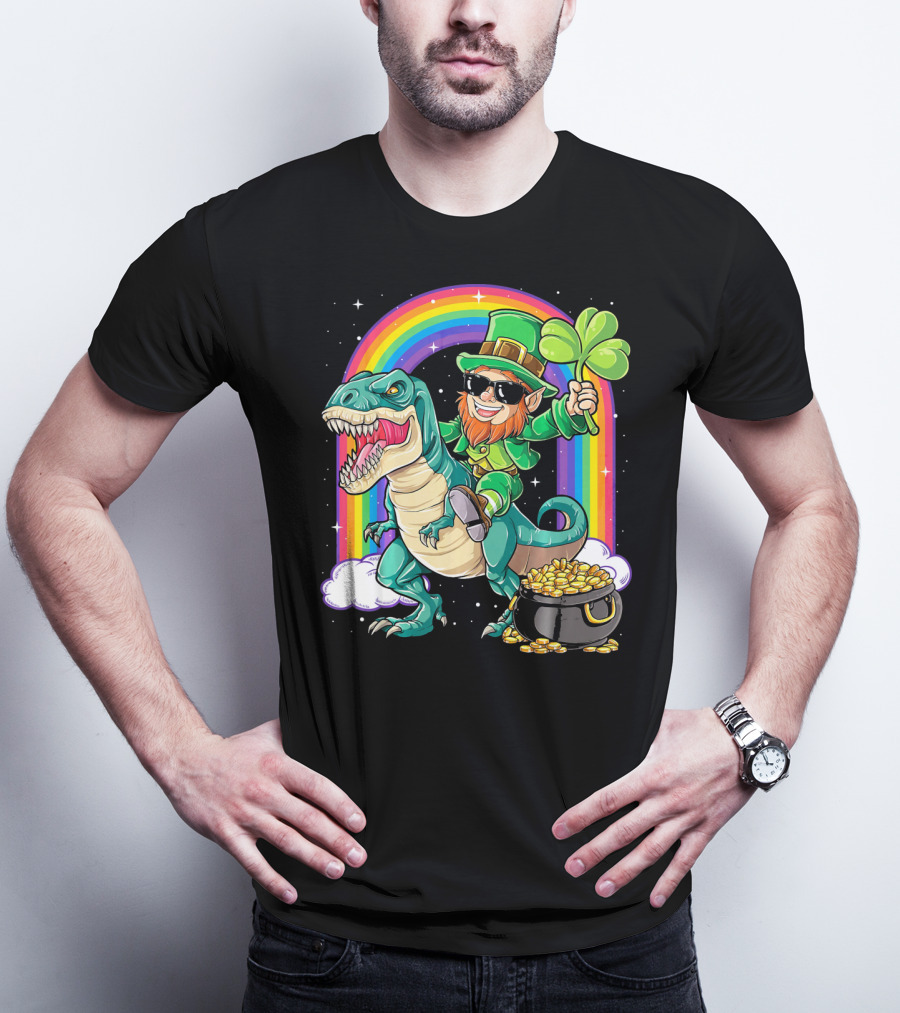 Leprechaun Riding Dinosaur T-Rex Shamrock Rainbow Pot Of Gold St Pat's Day T-Shirt