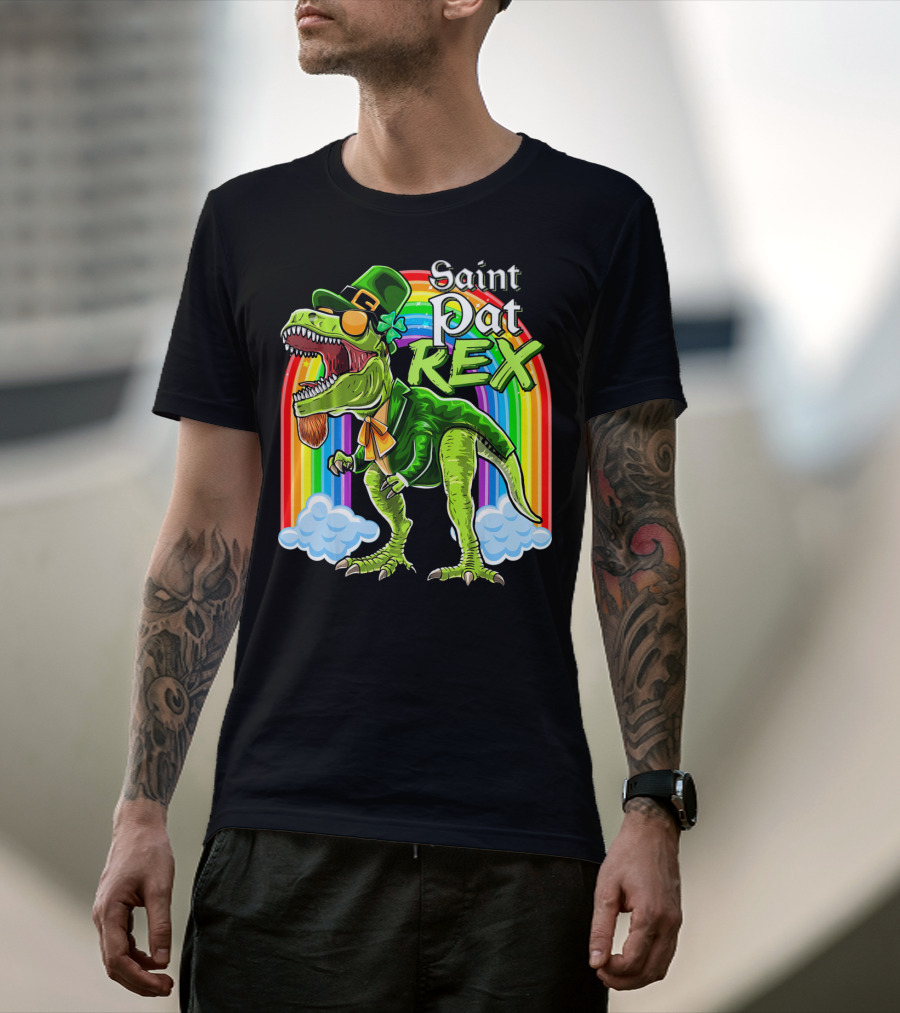 Saint Pat Rex Dinosaur Leprechaun Rainbow T-Shirt