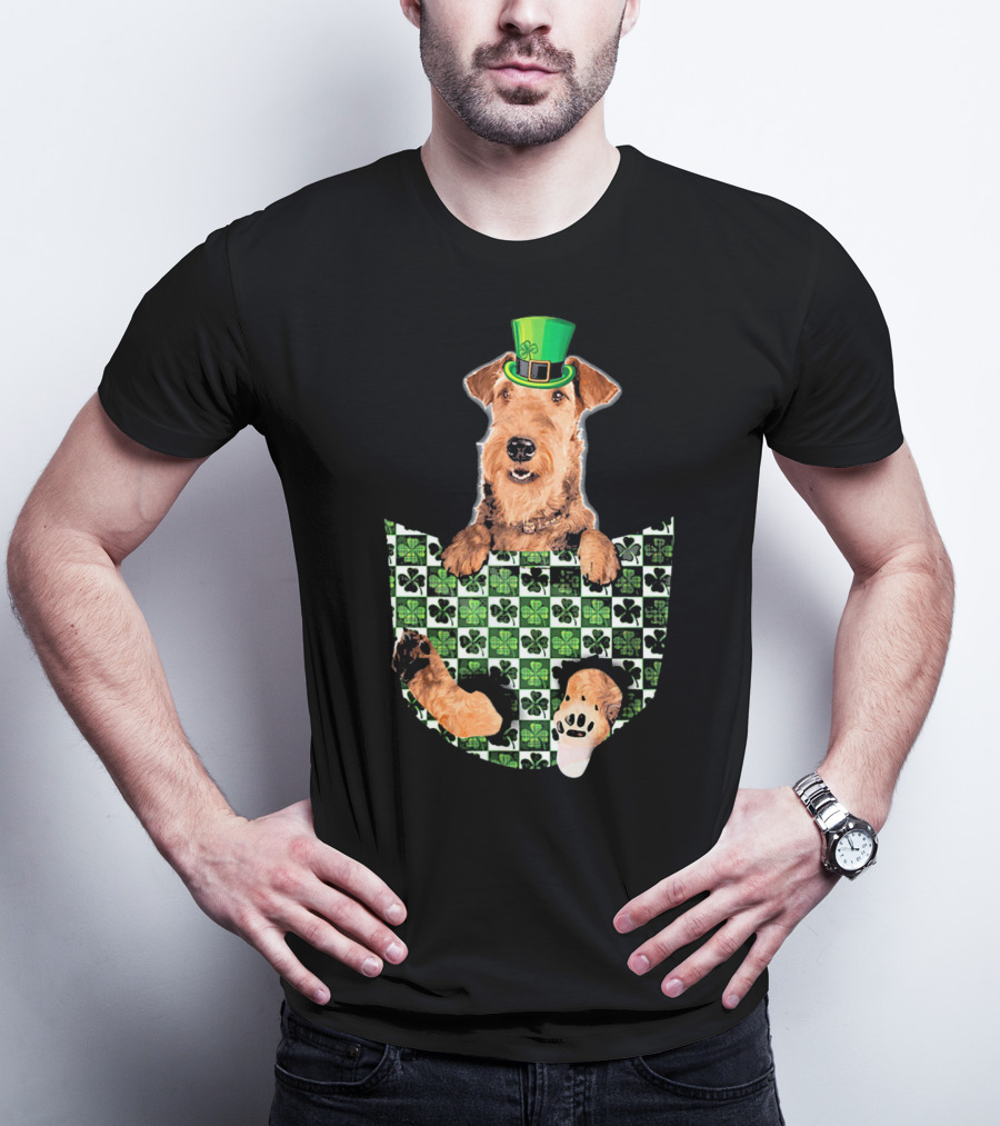 Airedale Terrier Pocket Patrick Hat Green Shamrocks T-Shirt
