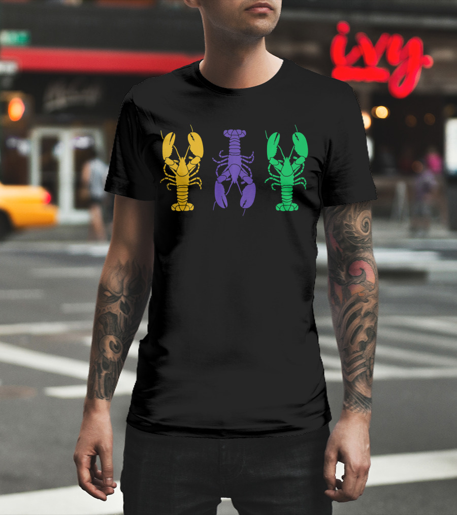 Mardi Gras Yellow Purple Green Crayfish Lobsters T-Shirt